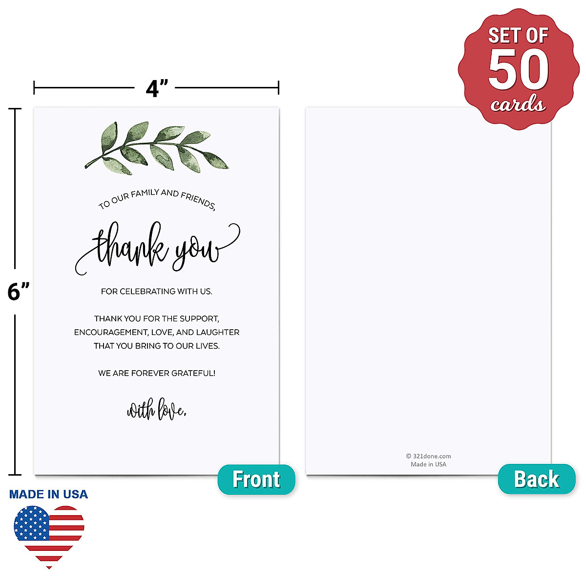 321Done Greenery Thank You Place Setting Cards, 4x6 White, Made in USA - Watercolor Green Leaves, Table Placecards for Wedding, Party, Retirement, Graduation, Birthday, Shower, Baby, Bridal, 50-Pack