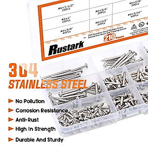 Rustark 210-Pcs [# 6 5/16'' to 1-1/2''] 304 Stainless Steel Round Pan Head Phillips Cross Wood Screws Drive Self Tapping Drilling Screws Assortment Kit