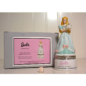 Barbie Birthday Wishes Blue with Present Trinket Porcelain Hinged Box Trinket Box