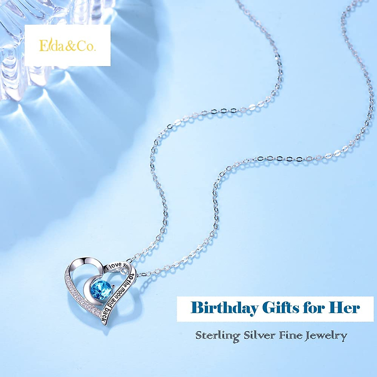 March Birthstone Jewelry for Wife Birthday Gifts Aquamarine Necklace Mom I Love You to the Moon and Back Necklace Women Her Sterling Silver
