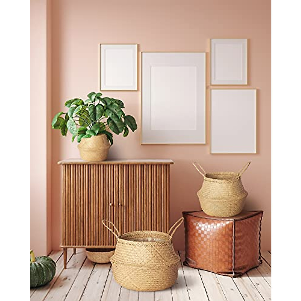 Artera Woven Seagrass Plant Basket - Wicker Belly Basket Planter Indoor with Plastic Liner and Handles, Natural Plant Pot for Fiddle Leaf Fig Tree, Snake Plant (Medium, Natural)