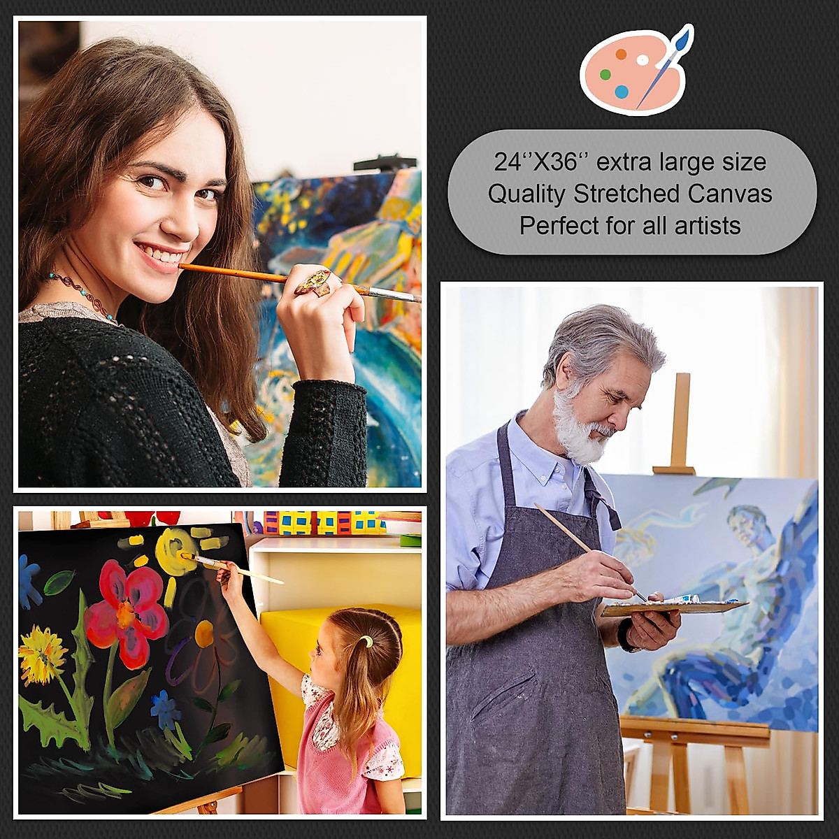 Ctosree 4 Pack Large Stretched Canvases for Painting Black 24 x 36 Inches Primed 100% Cotton Blank Canvas Boards for Acrylic Pouring Oil Watercolor Paints