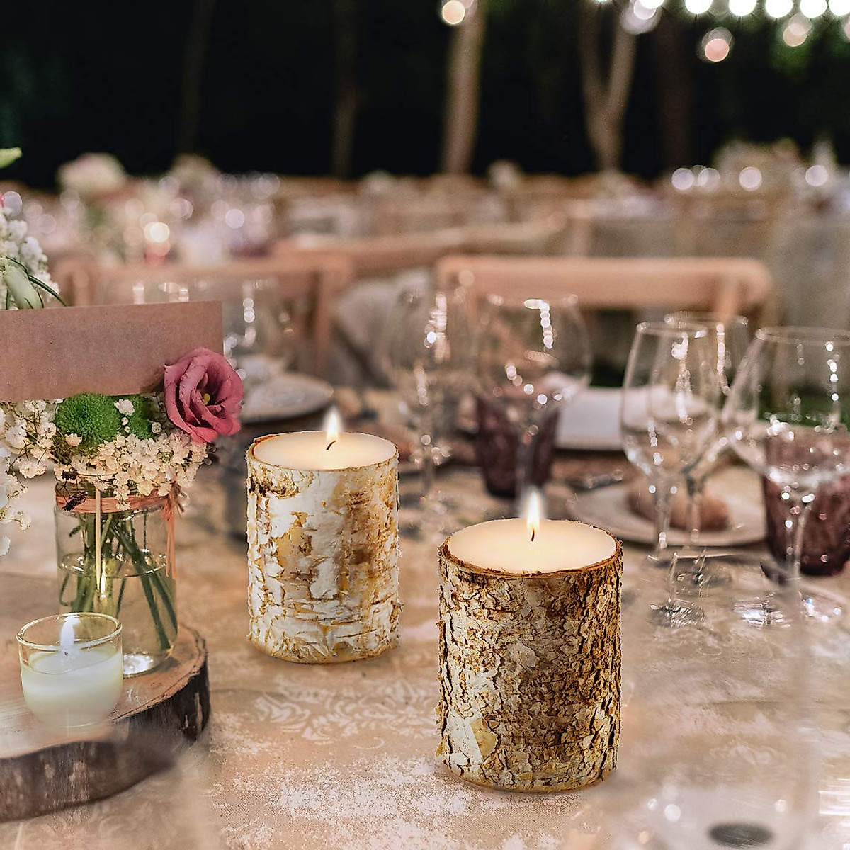 Serene Spaces Living Birch Bark Candle, Small Size, Set of 3 – Pillar Style Candle Brings Nature Indoors, Ideal for Weddings, Parties, Events, Restaurants, Home Decor, 3" in Diameter & 4" Tall