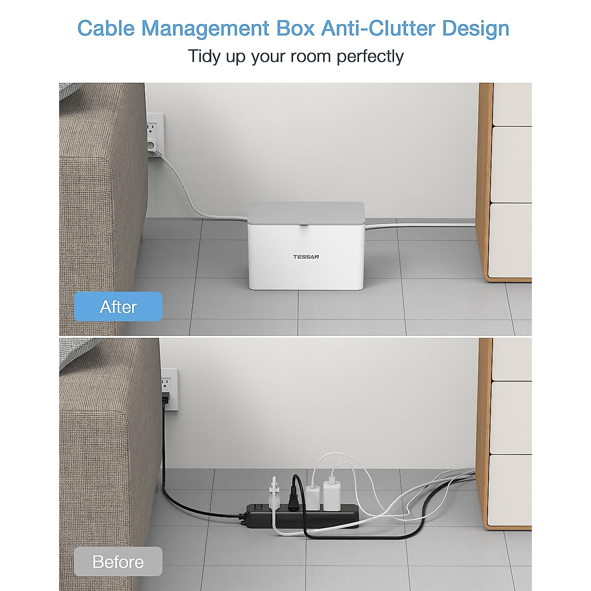 Power Strip with Cable Management Box, TESSAN 5 ft Flat Plug Extension Cord, 4 Outlets 2 USB Ports with Overload Switch, Mountable White Power Cord Organizer Charging Station for Dorm, Office, Home