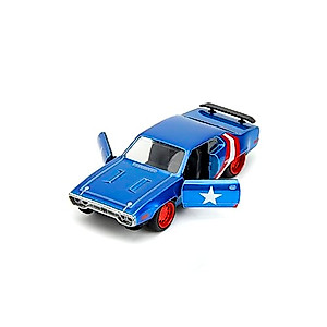 Jada 1972 Plymouth GTX Candy Blue with Red and White Stripes and Captain America Diecast Figure The Avengers Hollywood Rides Series 1/32 Diecast Model Car