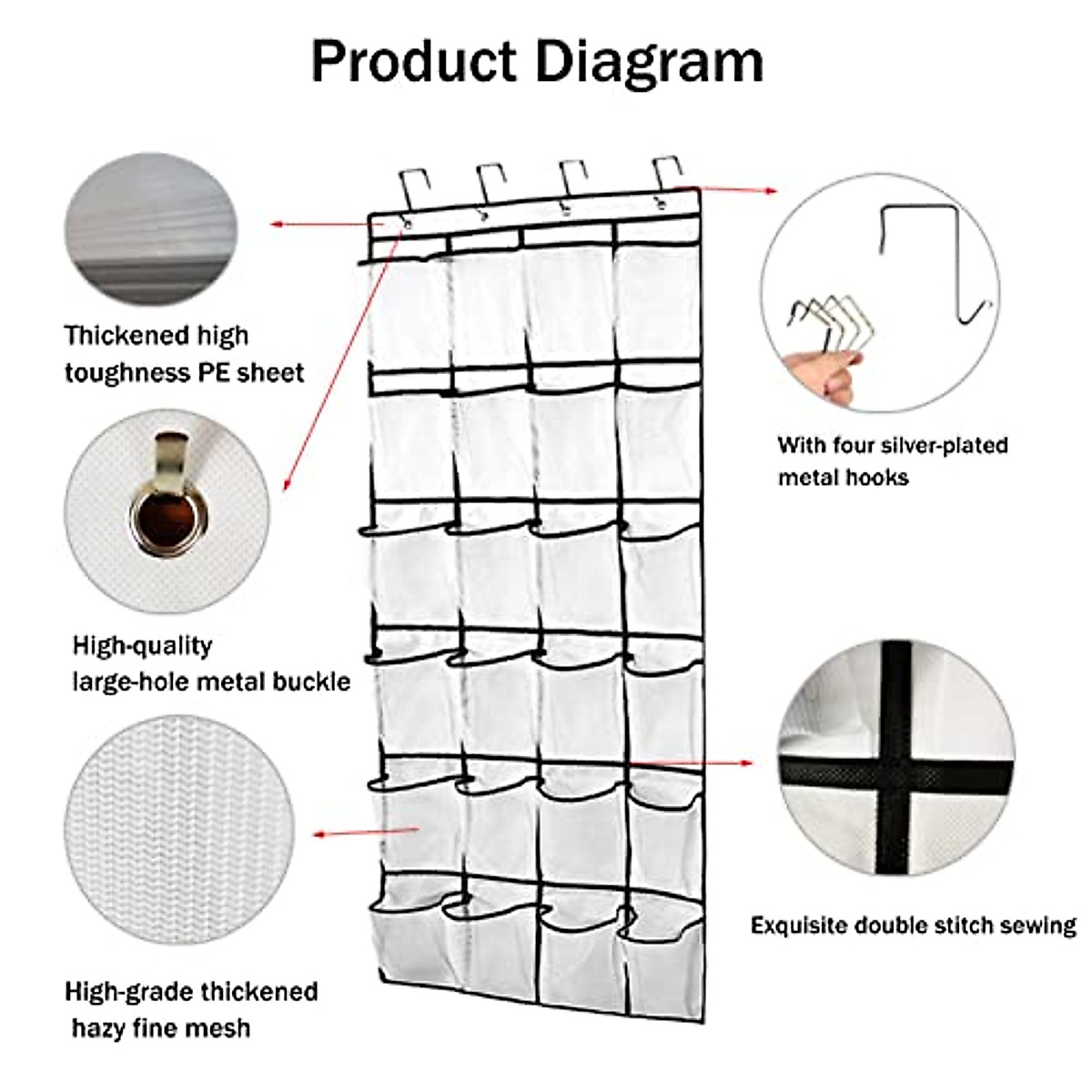 Hanging Shoe Organizer, 24 Pocket Shoe Storage Hanging to Keep Shoes Tidy, Complete With 4 Reversible Heavy Duty Metal Over Door Hooks for Ideal Hanging Shoe Storage ，Made of Oxford cloth
