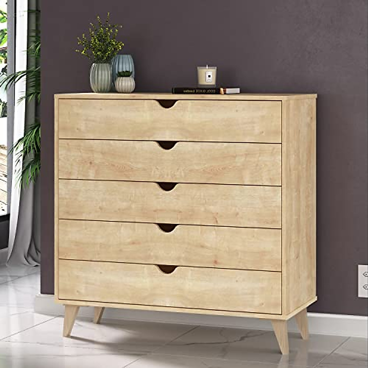 FALKK Furniture 5- Drawer Dresser - Dresser for Bedroom, Nursery Dresser Organizer, Chest of Drawers (Natural Wood)
