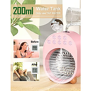 Harmohom Misting Fan Portable, Mini Air conditioner Fan, Small Desk Fan with 3 Adjustable Speeds, USB Quiet Personal Mist Fan with Colorful Nightlight for Travel Outdoor Office Makeup (Pink)