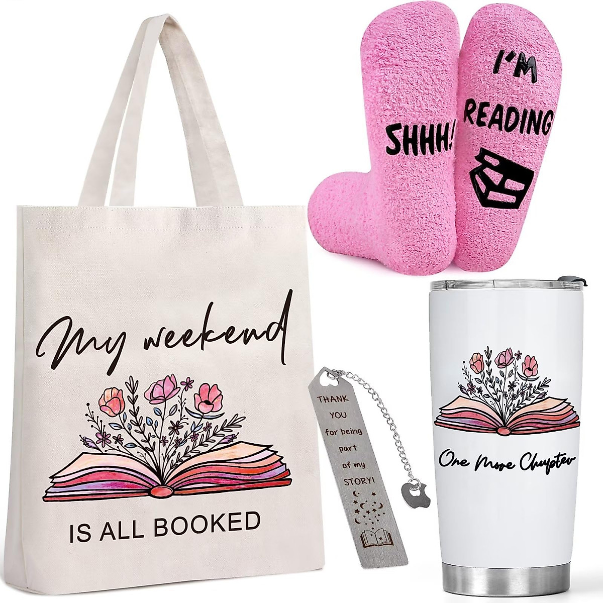 Gifts For Book Lovers - Book Accessories For Reading Lovers Include Canvas Tote Bag, 20oz Book Tumbler, Pink Sock, Bookmarks - Book Club Gifts For Readers Librarian Bookworms Friends Family