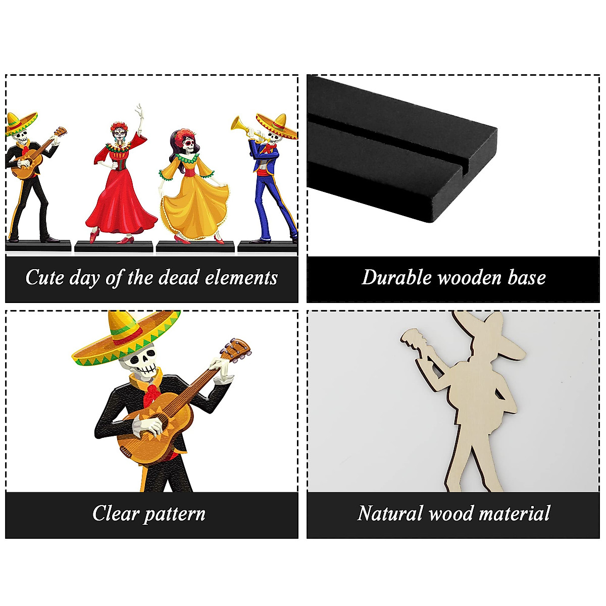 4 Pieces Day of The Dead Table Decorations Wooden Dia De Los Muertos Centerpieces Set Halloween Sign for Mexican Fiesta Carnival Party and Home Party Decorations Supplies