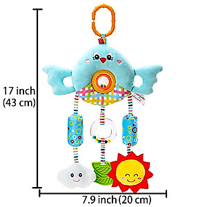D-KINGCHY Baby Car Seat Stroller Toys Hanging Animal Plush Toys Soft Teething Rattle Toys Newborn Crib Bed Around Stuffed Toy with Wind Bell, Teether, Rattle Sound, Ring for 0-3 Years Old (Bird)