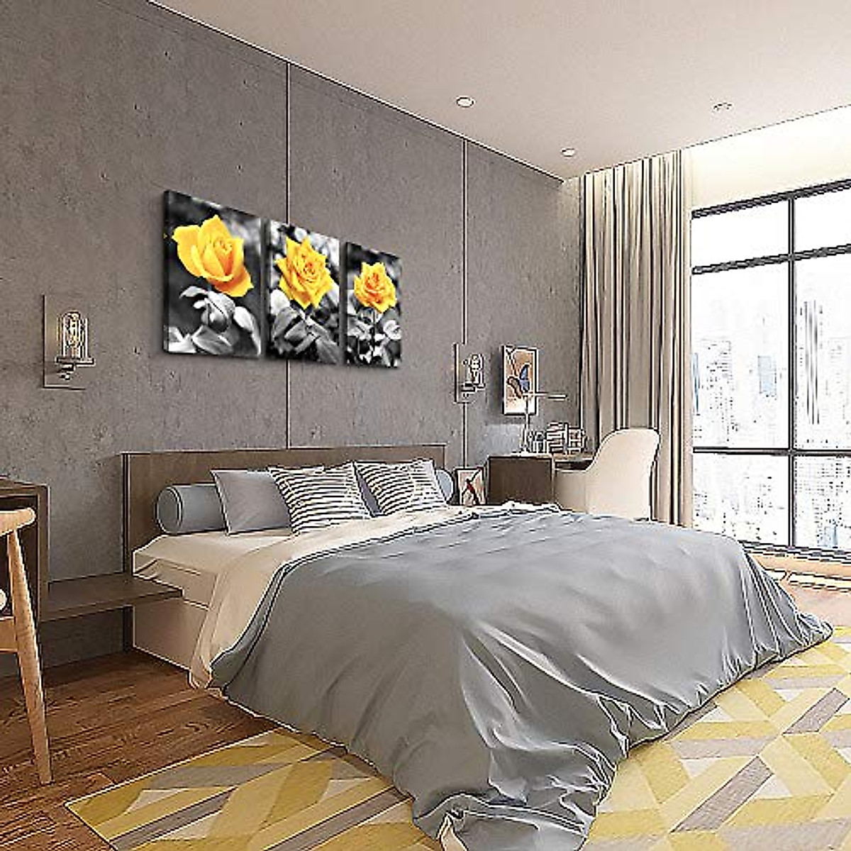 Canvas Wall Art For Bedroom Living Room Bathroom Wall Decor For Kitchen Family Pictures Artwork Black And White Yellow Rose Flowers Paintings 12" X 16" 3 Pieces Framed Modern Office Home Decorations