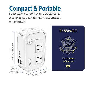 Step Down Power Converter - FOVAL 230W Travel Voltage Converter 220V to 110V International Power Adapter with [Upgraded 18W PD USB-C] 3 USB Ports 2 AC Outlets US to Europe Italy UK AU Plug (White)