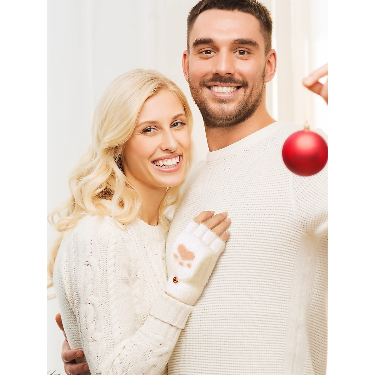 Bencailor 3 Pairs Winter Fingerless Gloves Warm Convertible Mittens Flap Cover Cat Paw Gloves for Women Cold Weather Cosplay (Dark Gray, White, Light Khaki)