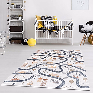 Hauteloom Mave Boys Room, Kids Room, Playroom Machine Washable Area Rug - Road Traffic Car City Carpet - Gray, Cream, Beige, Black - 5'3" x 7'