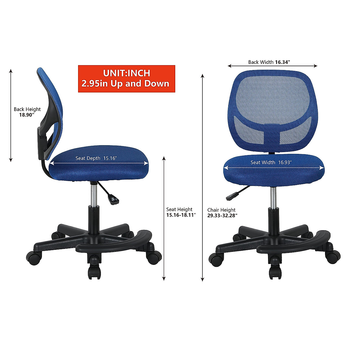 Amazon Basics Kids Adjustable Mesh Low-Back Swivel Study Desk Chair with Footrest, Blue