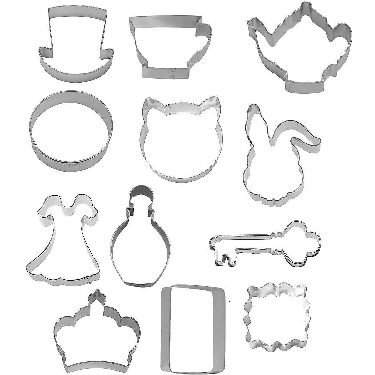Wonderland Cookie Cutter 12 Piece Set from The Cookie Cutter Shop - Mad Hatter Hat, Cheshire Cat, Queen's Crown, Drink Me Bottle Cookie Cutters – Tin Plated Steel Cookie Cutters
