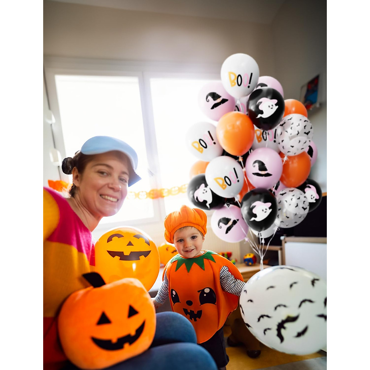 Halloween Balloons,12 Inch Pink Halloween Balloons,Pink Black Orange Balloons,Hey Boo Balloons with Cute Ghost,Wizard Hat,Bat Design for Halloween Party Decorations,Birthday,Baby Shower-50Pcs