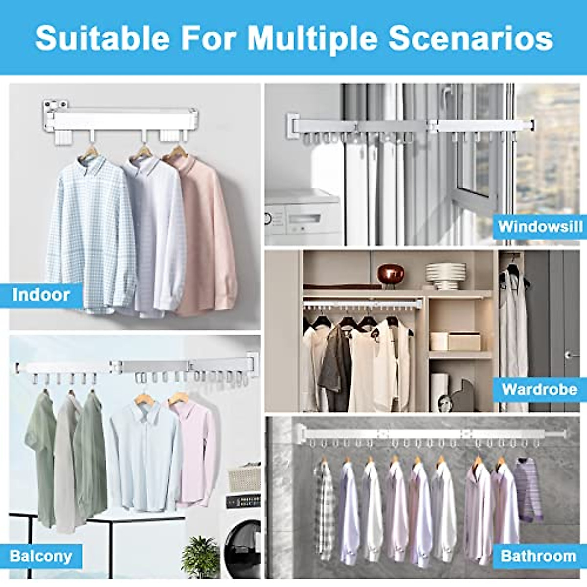 WTASUP Clothing Drying Rack, Retractable Laundry Space Saver Wall Mounted, Collapsible(Tri-Fold) Rack Clothing (White)