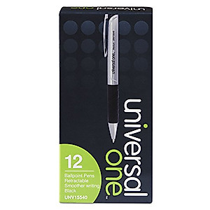 Universal Comfort Grip Ballpoint Pen, Retractable, Medium 1 Mm, Black Ink, Silver Barrel, Dozen