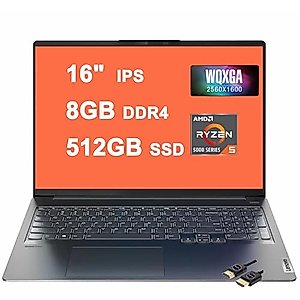 Lenovo Ideapad 5 Pro Business Laptop I 16" WQXGA IPS Display (100% sRGB) I AMD 6-Core Ryzen 5 5600H (>i7-11375H) I 8GB DDR4 512GB SSD I Backlit USB-C HDMI Dolby Atmos Win11 Grey + HDMI Cable
