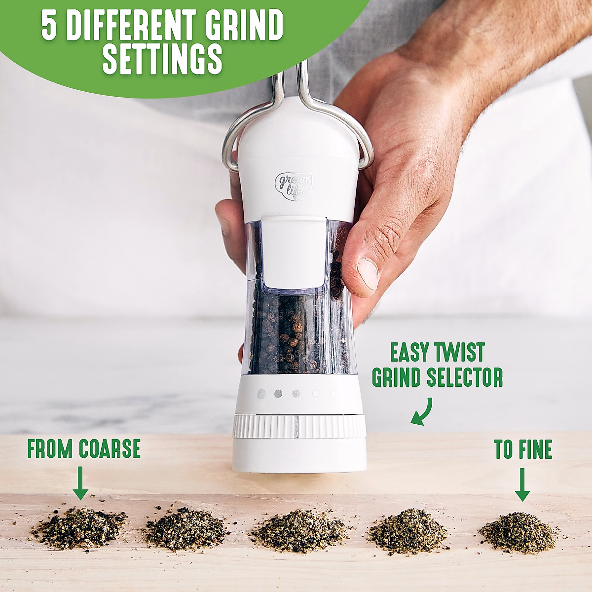 GreenLife Salt and Pepper Grinder, Mess-Free Ratchet Mill, Adjustable Coarseness and Easily Refillable, Black 1/3 Cup Capacity