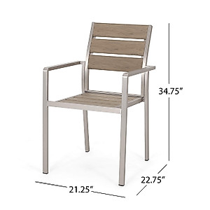 GDFStudio Outdoor Modern Aluminum Dining Chair with Faux Wood Seat (Set of 2), Natural and Silver