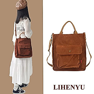 LIHENYU Corduroy Tote Bag with External Pocket,Top Zipper Closure,Aesthetic Purse Cute Crossbody Bag for School Travel Work Brown