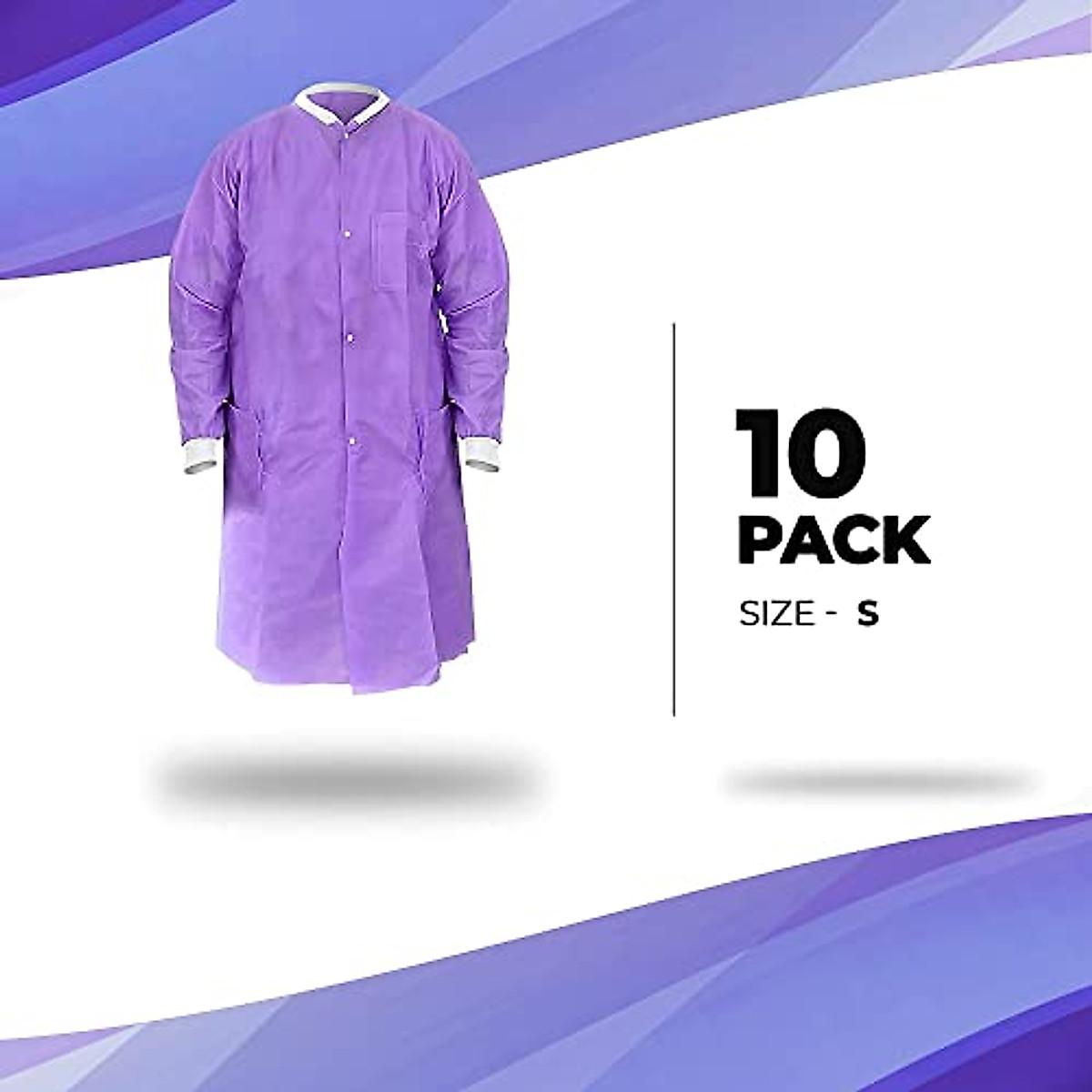 AMZ Medical Supply Disposable Lab Coat Small, Pack of 10 Purple Disposable Lab Coats for Adults, 45 gsm SMS Painting Lab Coat Disposable with 3 Pockets, Snaps, Cuffs, Unisex Lab Coats Disposable