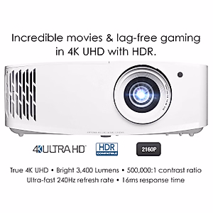 Optoma UHD30 True 4K UHD Gaming Projector | 16ms Response Time with Enhanced Gaming Mode | Lowest Input Lag on 4K Projector | 240Hz Refresh Rate | HDR10 & HLG