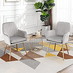 Five stars Furniture Velvet Dining Chair，Accent Chair, Modern Leisure Armchair Living Room Chair，Home Desk Chair，Golden Metal Legs (Light Gray) Set of 2