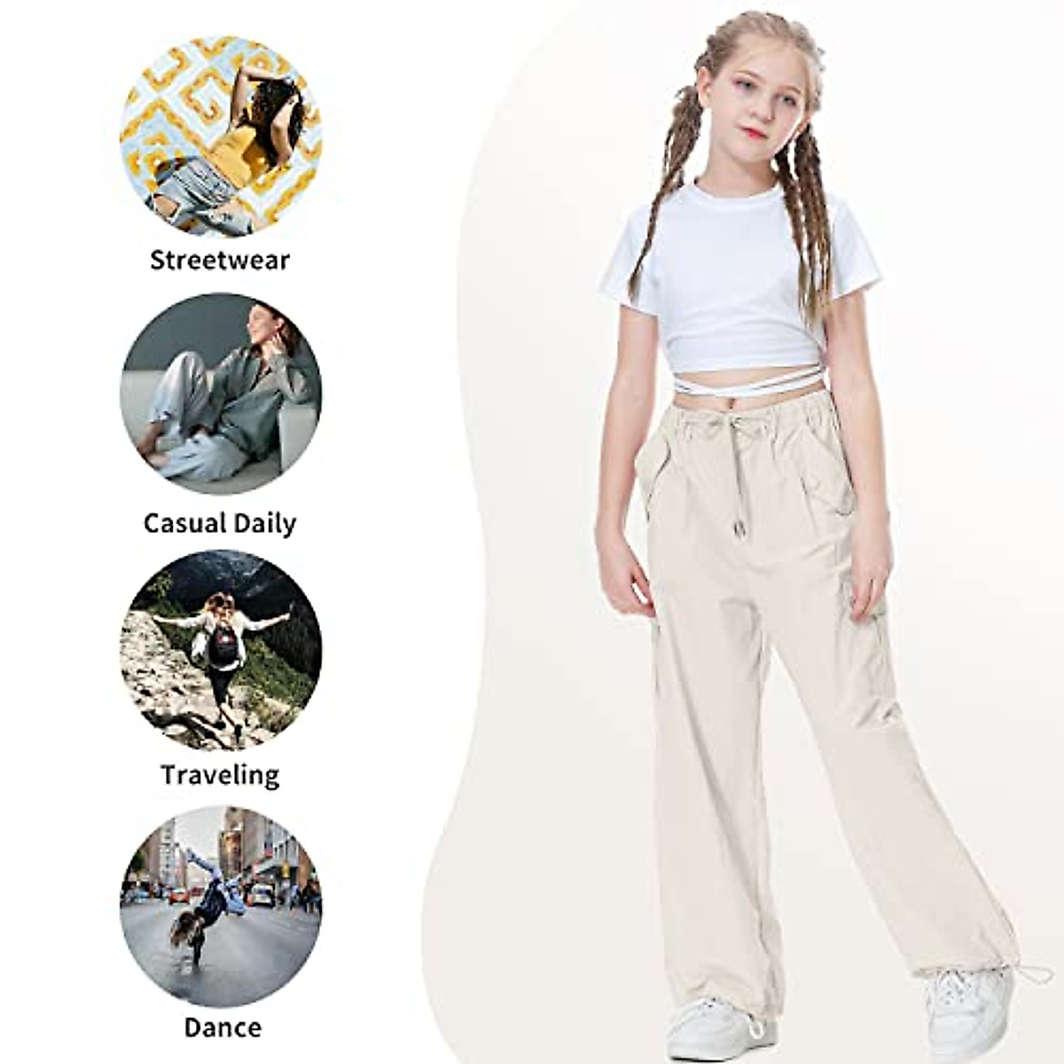 Rolanko Girls Parachute Pants, Cargo Pants for Girls Baggy Y2K Loose Jogger Trousers with Pockets for Kids (Beige, 8-10)
