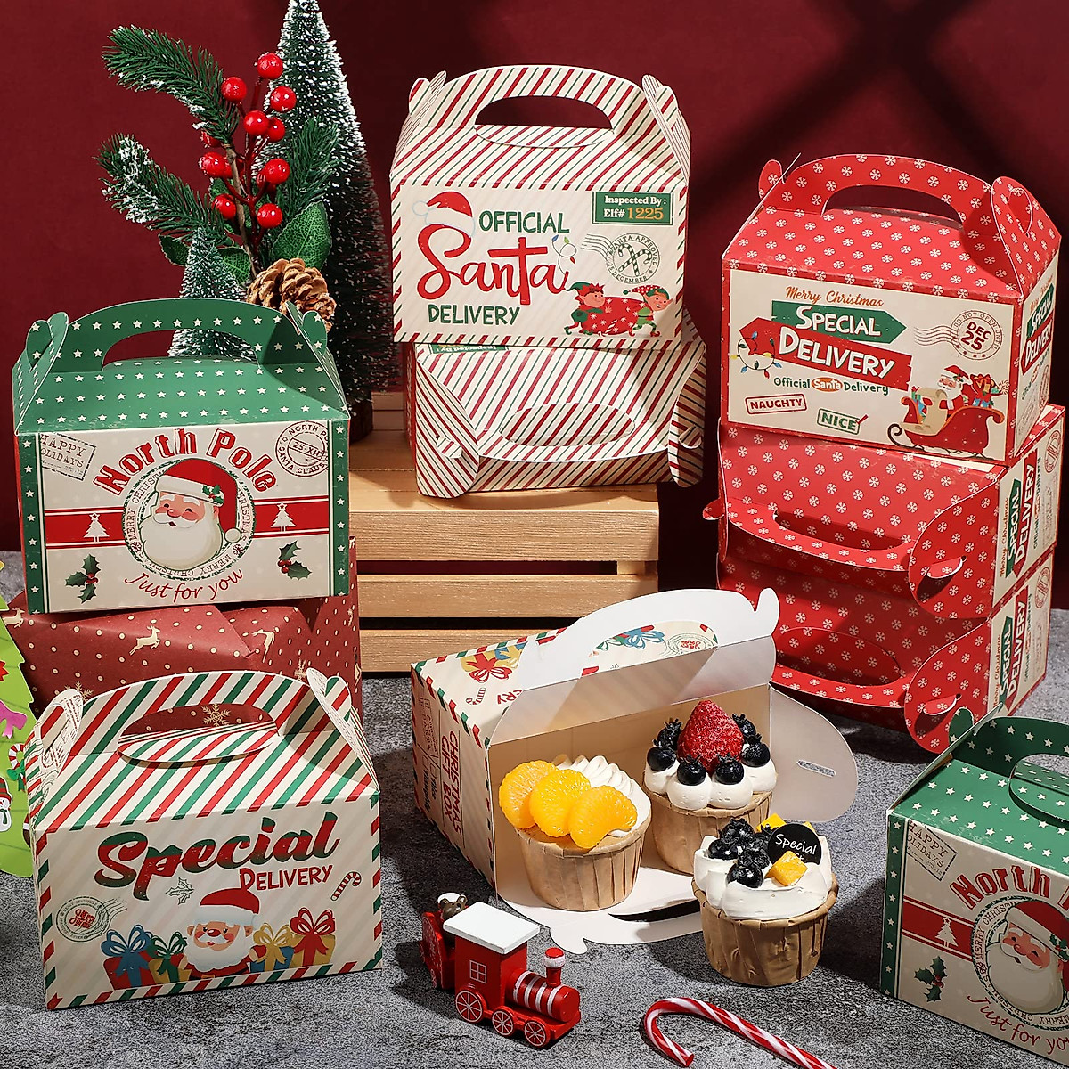 24 Pcs Christmas Cardboard Treat Boxes Red and Green Xmas Santa Delivery from North Pole Gift Boxes for Goodie Cookie with Handles Food Packaging Boxes for Office Party Favor Supplies (Cute Style)