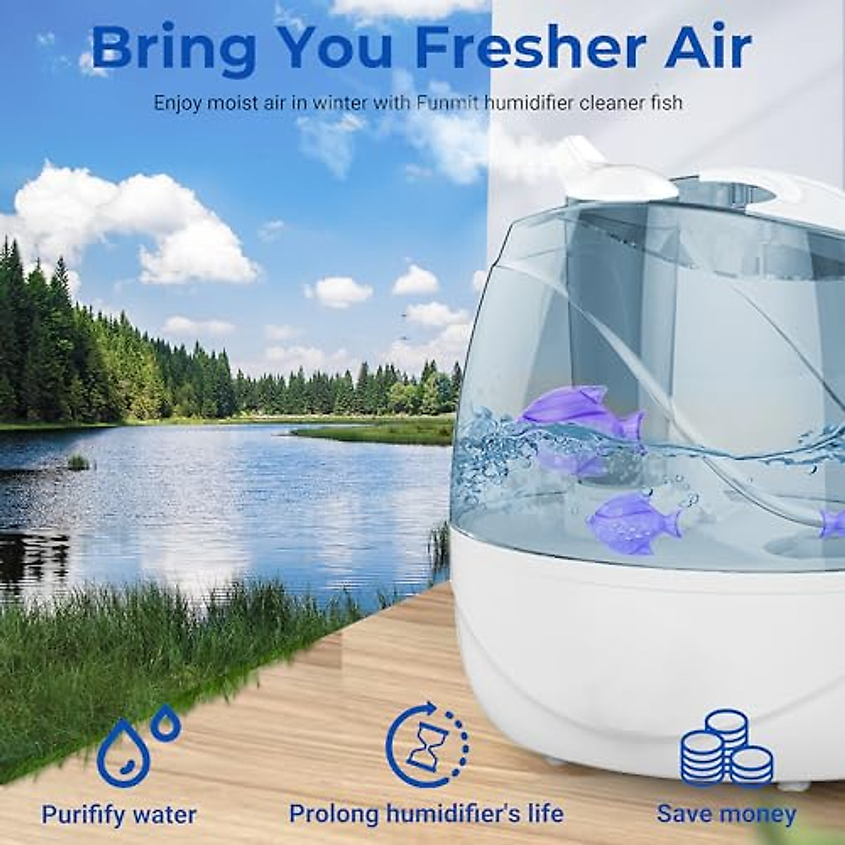 Funmit 12 Pack Universal Humidifier Cleaner Fish Compatible with Almost All Humidifiers and Fish Tanks, Purifies Water, Prevents Hard Water Build-Up, Reduces Scale, Purple