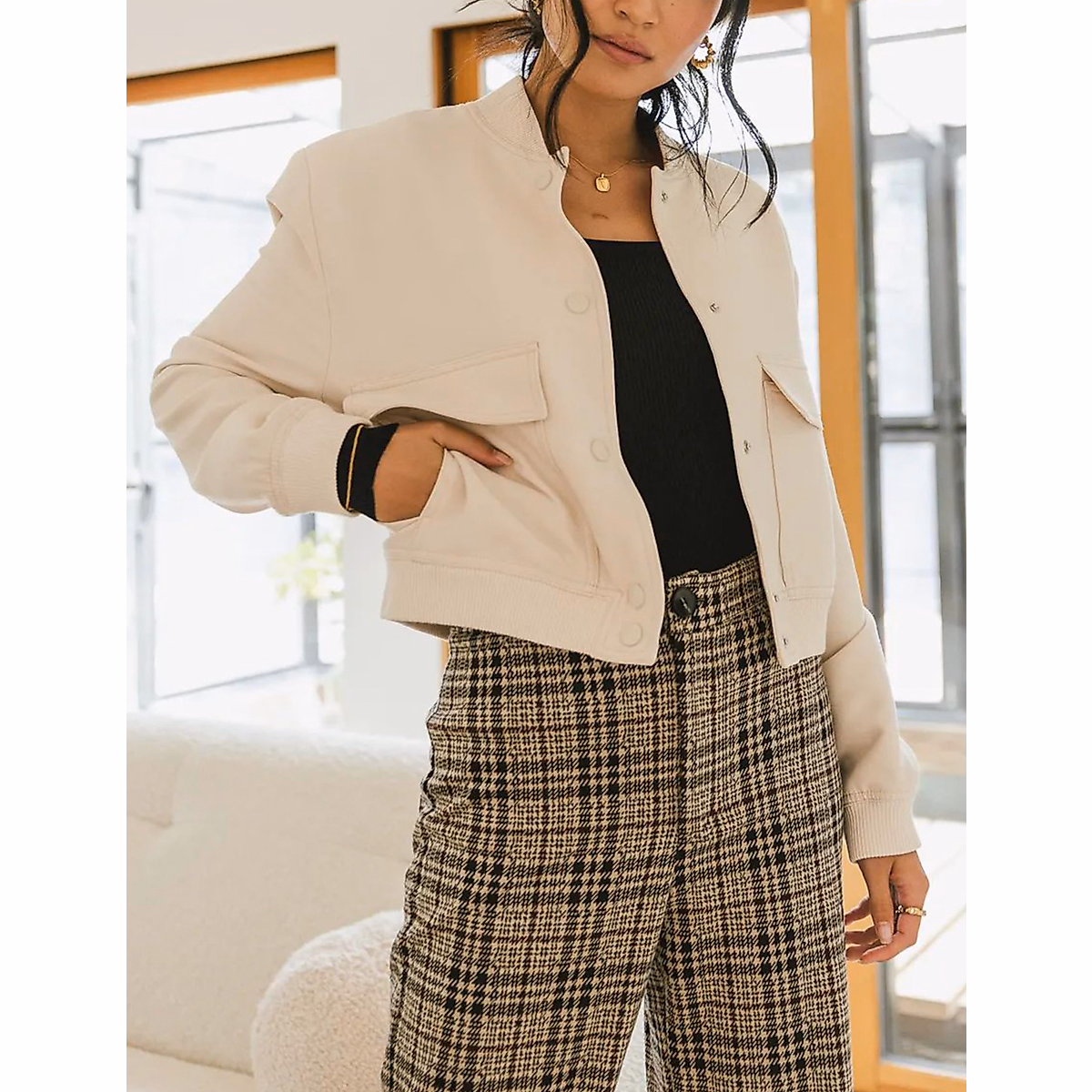 Springrain Womens Cropped Bomber Jacket Casual Varsity Jacket with Pockets Long Sleeve Outwear(Beige-S)