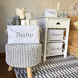 APPLE PIE ORDER Diaper holder, Storage & organizer Basket for Nursery, Baby boy or girl. White Canvas fabric Decorative Bin with Gray Embroidering.
