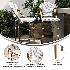 Flash Furniture Lourdes Commercial Grade Bistro Bar Height Stool, Stackable Indoor/Outdoor Dining Stool, 30" High, White/Gray and Bamboo Finish, Set of 2