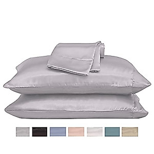 Satin Radiance Soft Satin Silk Sheets Solid Color Deep Pocket Twin Size Satin Bed Sheet Set Cooling And Soft Fitted Satin Bedding + Satin Pillowcase(s) Durable, Breathable, Silver, Grey, 3-piece