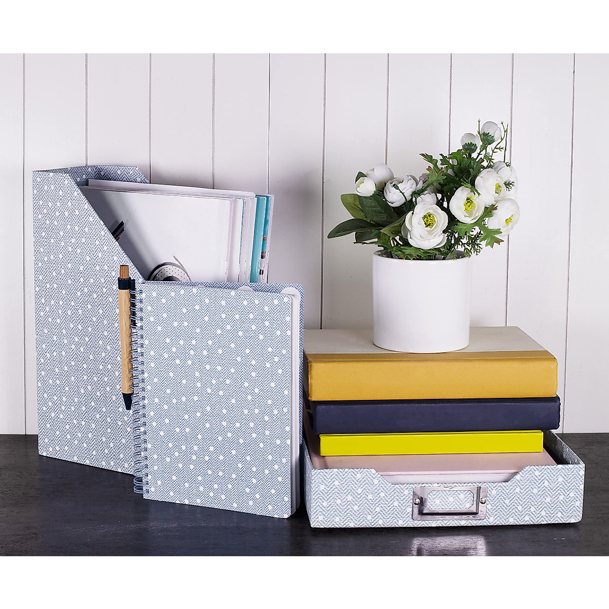 Steel Mill & Co Cute Blue Magazine Holder Set of 2, Vertical File Organizer, File Folder and Paper Holder, Desk Accessories & Workspace Organizers for Home or Office, Textured Large Dots