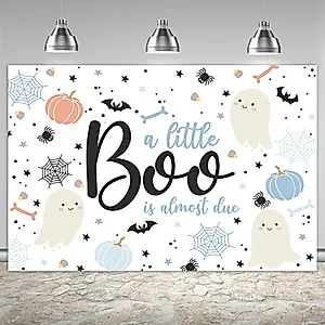 Ticuenicoa 6×4ft Halloween Baby Shower Backdrop A Little Boo is Almost Due Blue Ghost Bat Pumpkin Boys Kids Hey Boo 1st Birthday Party Photography Background First Birthday Party Banner Decor