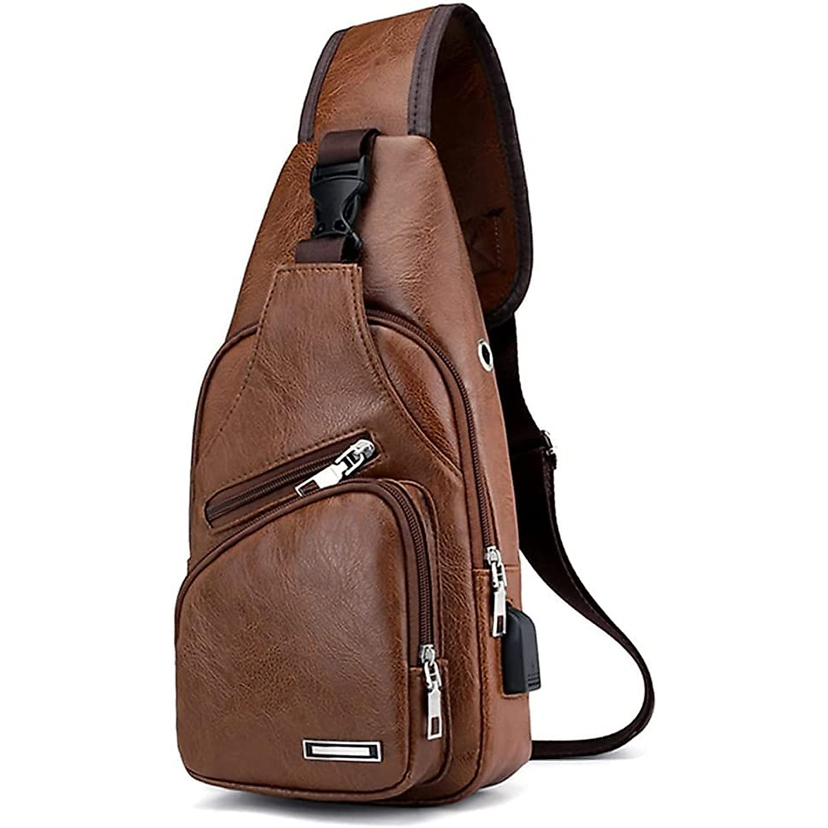 Men's Leather Sling Bag Multipurpose Daypack Shoulder Chest Crossbody Bag Black with USB Charging Port (Brown)