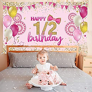 1/2 Birthday Banner Backdrop - 6 Month 71" x 43" Happy Birthday Yard Sign backgroud 1/2 Years Birthday Backdrop Party Indoor Outdoor Car Decorations Supplies (Pink)