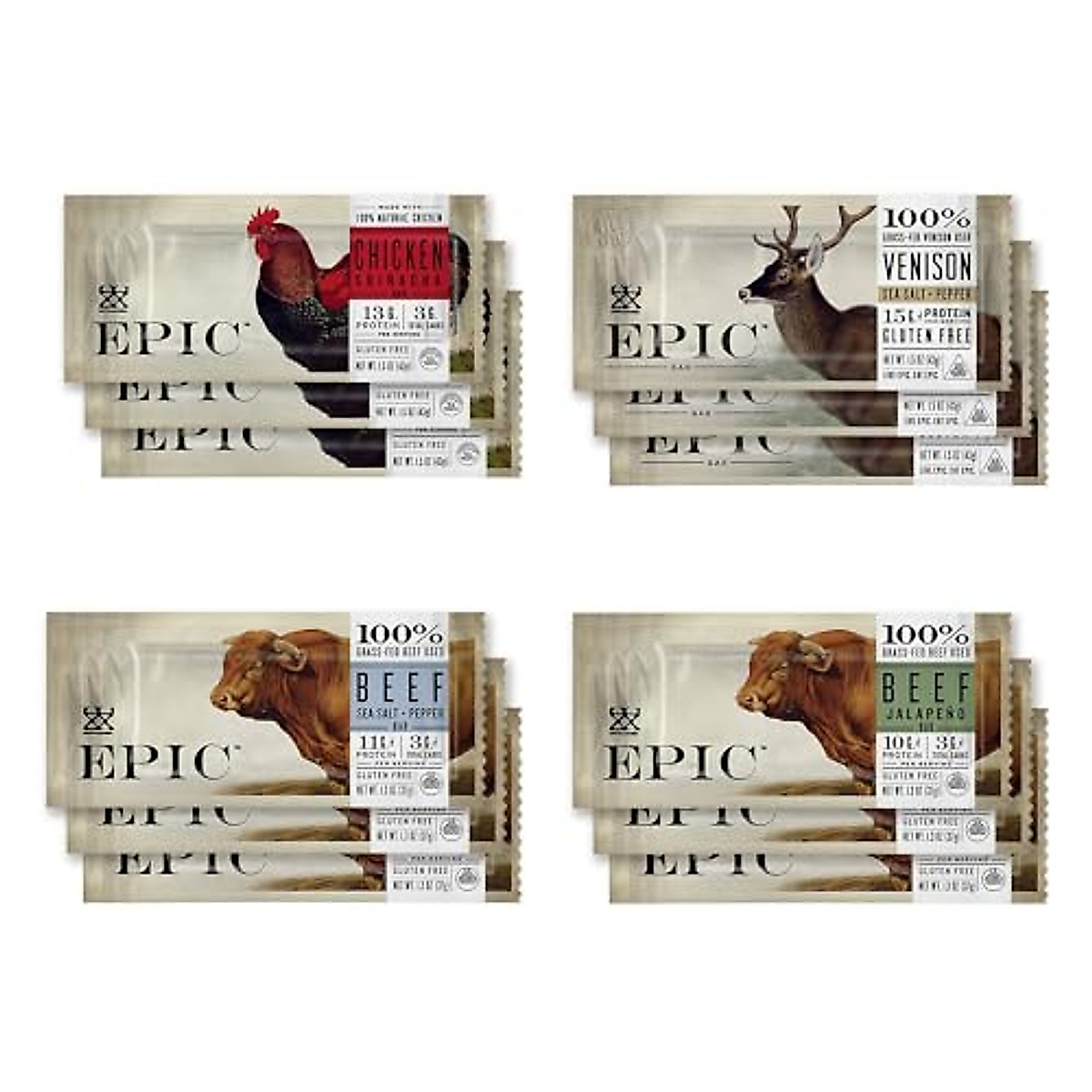 Epic Provisions Protein Bars Variety Pack, Venison, Chicken, and Beef Flavors, Keto and Paleo Friendly, 12 ct