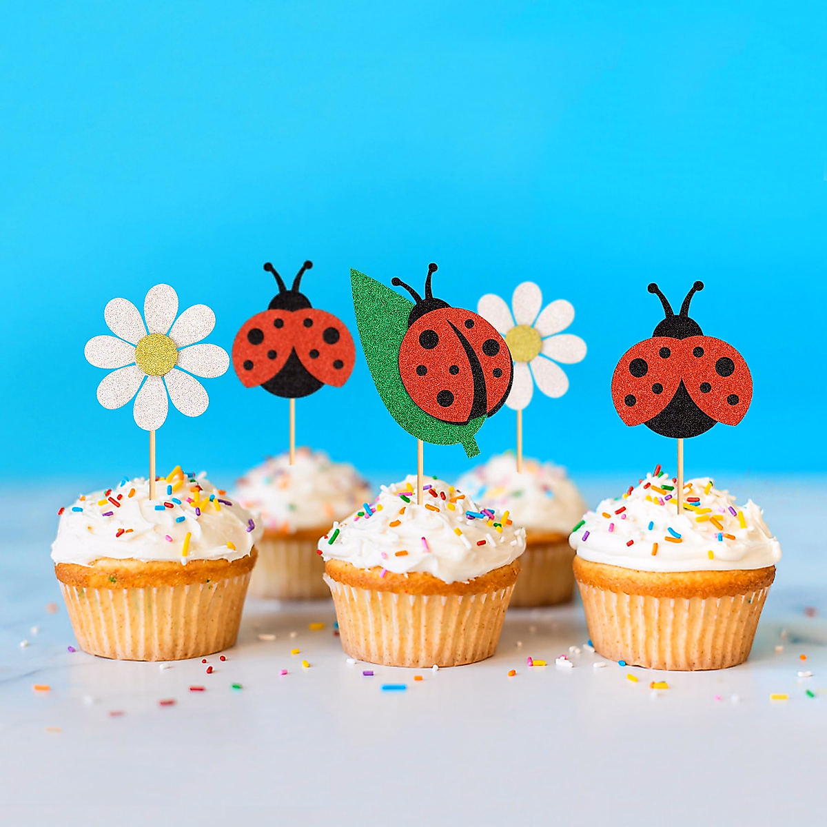 Cyodoos 24Pcs Ladybug Cupcake Toppers Flowers Insects Cupcake Picks Garden Theme Baby Shower Kids Birthday Party Cake Decorations Supplies