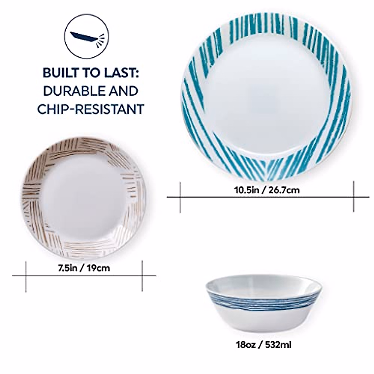 Corelle Everyday Expressions 12-Pc Dinnerware Set, Service for 4, Durable and Eco-Friendly, Higher Rim Glass Plate & Bowl Set, Microwave and Dishwasher Safe, Geometrica