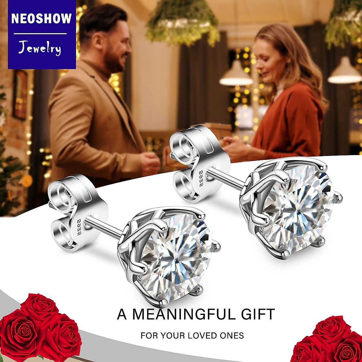 NEOSHOW 18K White Gold Plated Brilliant Cut Simulated Diamond Cubic Zirconia Sterling Silver Hypoallergenic CZ Stud Earrings for Women Men 6 Prongs Setting