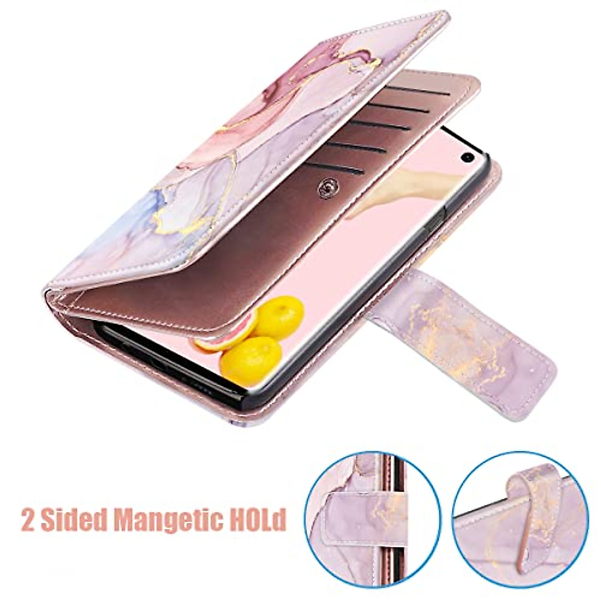 Fingic for Galaxy S10e Case, Samsung S10e Case Wallet, Rose Gold Marble 9 Card Holder PU Leather Detachable Wrist Strap Wallet Case for Women Cover for Samsung Galaxy S10E, Rose Gold