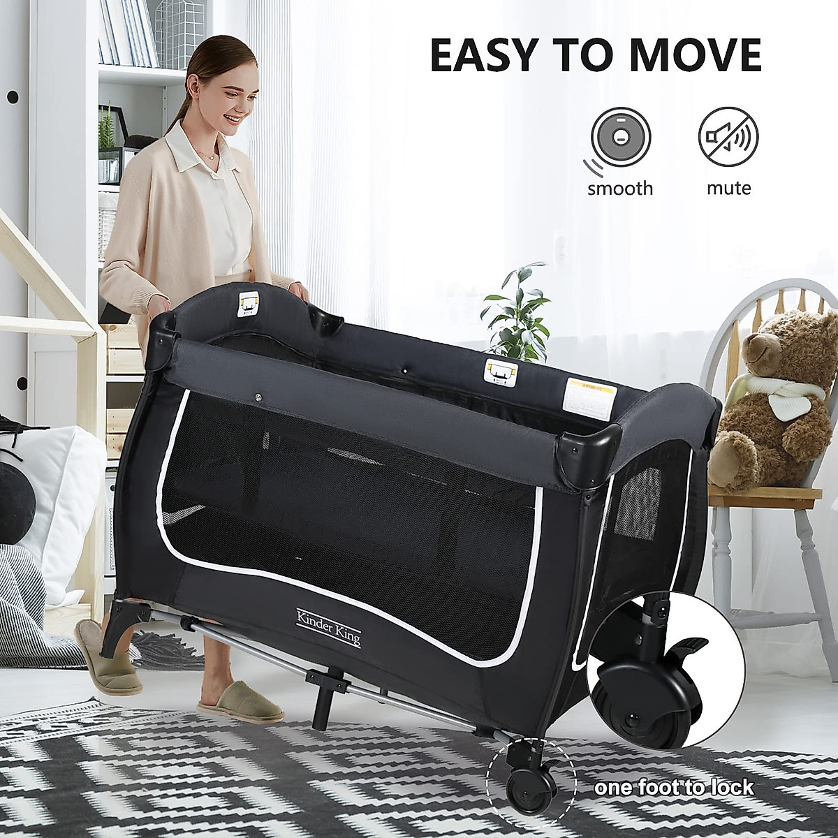 Kinder King 3 in 1 Portable Baby Playard, Foldable Pack n Play, Nursery Center for Infant & Toddler, Removable Mattress, Newborn Changing Table, Travel Bag, Toy Bar, Storage Basket, Black