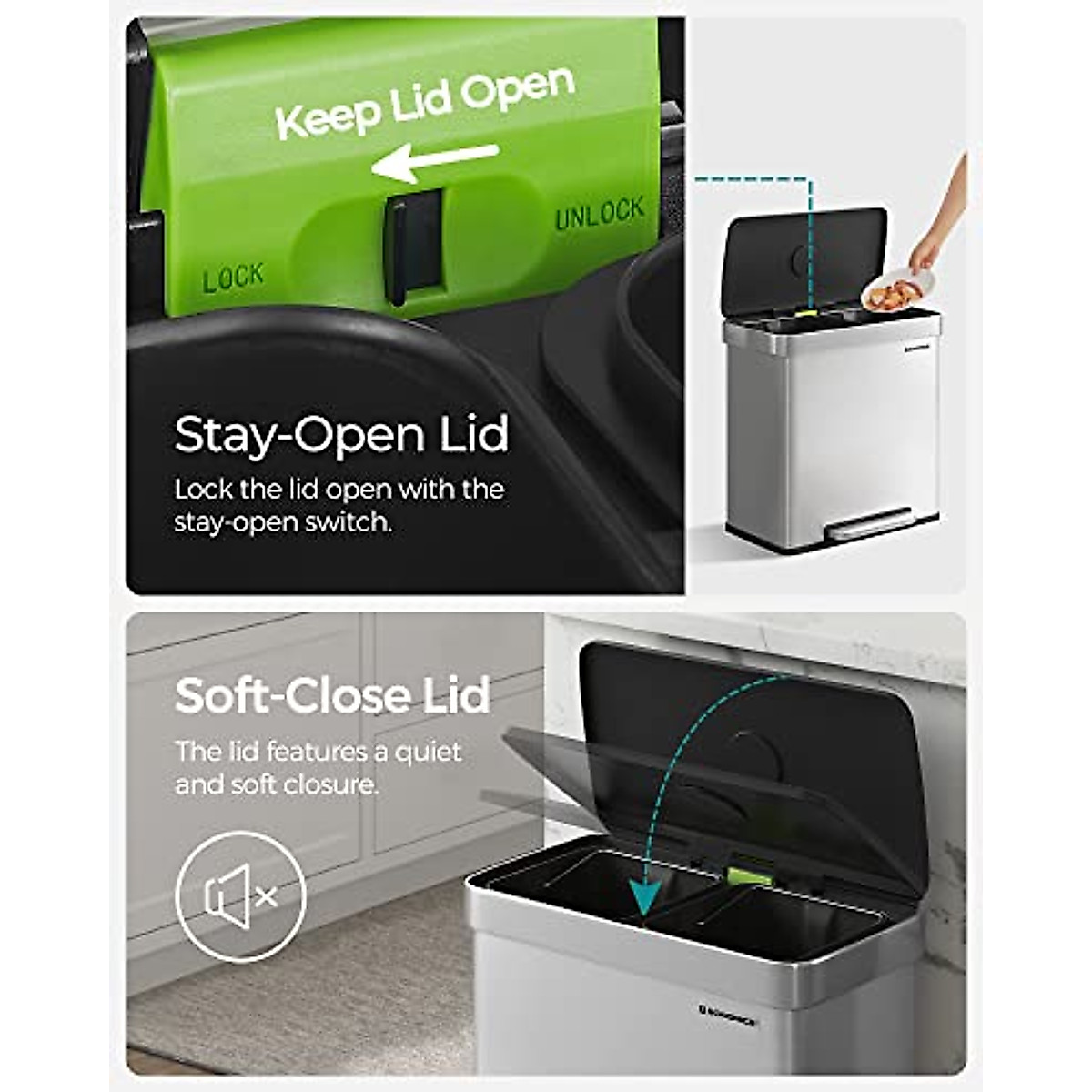 SONGMICS Kitchen Trash Can, 16 Gallons (2 x 8 Gallons) Dual Compartment Garbage Can, 60L Pedal Recycling Bin, Stay-Open Lid and Soft Closure, Stainless Steel, 15 Bags Included, Silver ULTB202E01