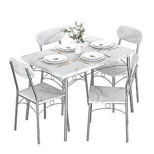 VECELO 5-Piece Dining Room Table Set, Rectangular Dinette with 4 Chairs for Kitchen, Breakfast Nook, Small Space, Marble White